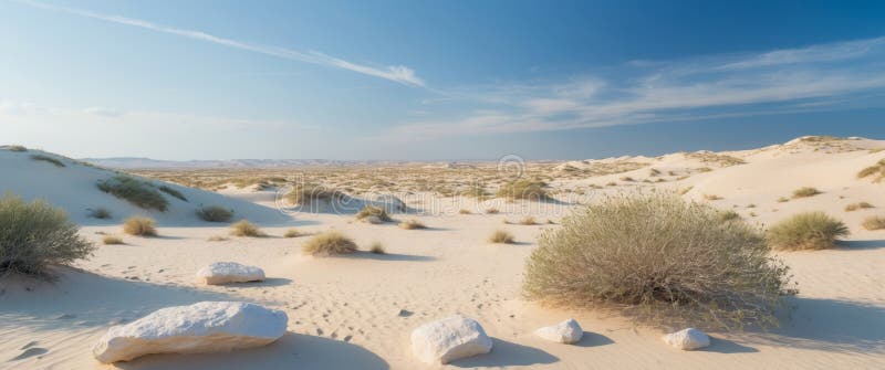 Arid Desert Landscape with White Rocks and Sparse Vegetation Stock ...