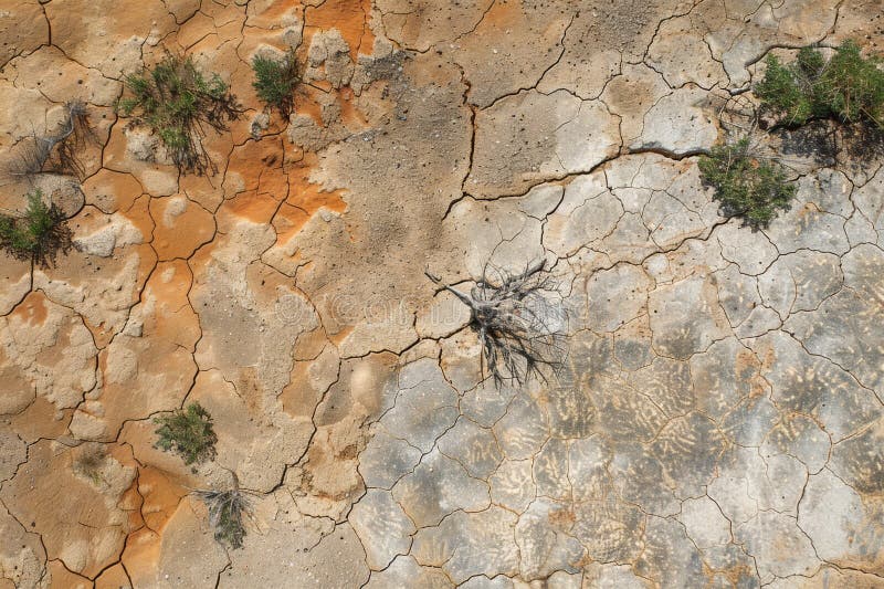 Arid Desert Soil with Cracks and Sparse Greenery Stock Photo - Image of ...