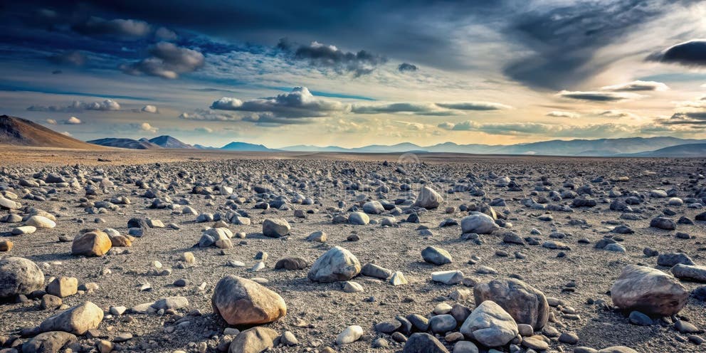 Arid Expanse Rocky Desert Plain Under a Dramatic Sky with Distant ...