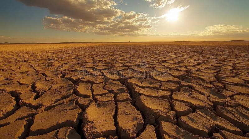 Arid Landscape with Cracked Earth Under a Cloudy Sky Stock Illustration ...