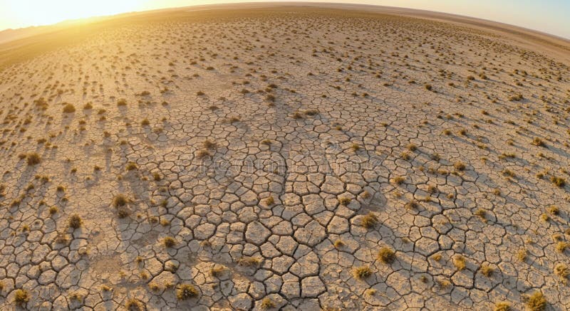 Arid Landscape Features Cracked, Dry Earth with Sparse Vegetation. the ...