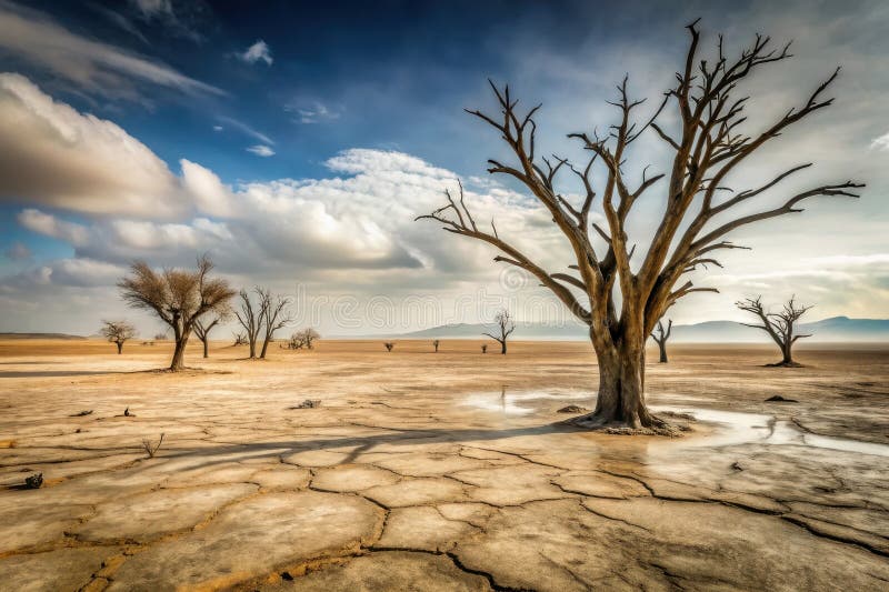 Arid Landscape Featuring a Dominant Dead Tree and Scattered Withered ...