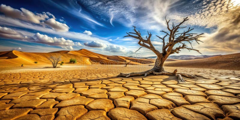 Arid Landscape Featuring a Sun-drenched Dead Tree and Cracked Earth ...