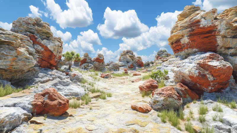 Arid Landscape with Red and White Rock Formations Stock Illustration ...