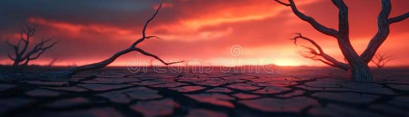 Arid Landscape Sunset Cracked Earth Dead Trees Drought Climate Change ...