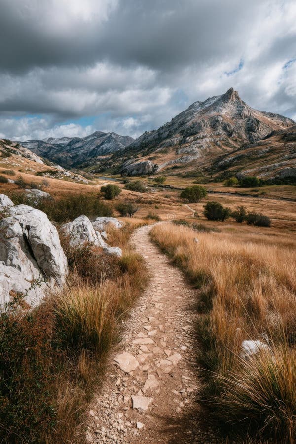 Arid Mountain Path Under Cloudy Sky Stock Illustration - Illustration ...