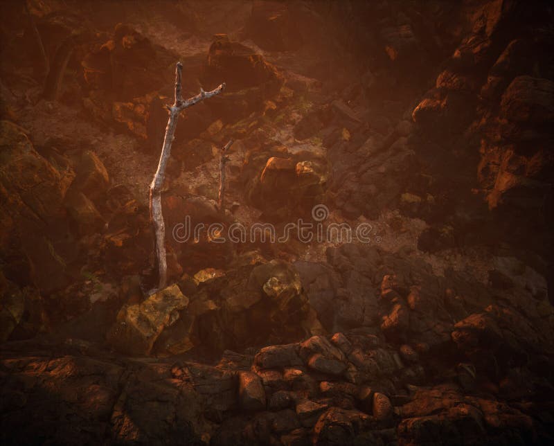 Rocky Landscape with Dead Trees in Mist. Stock Photo - Image of rocks ...