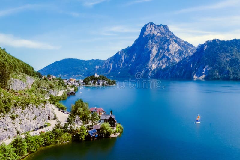 Ariel lake view stock photo. Image of alps, cliff, terrain - 258632154