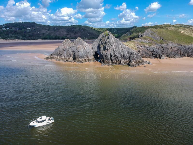 Ariel View of Boat in Front of Beach with Cliffs Stock Image - Image of ...