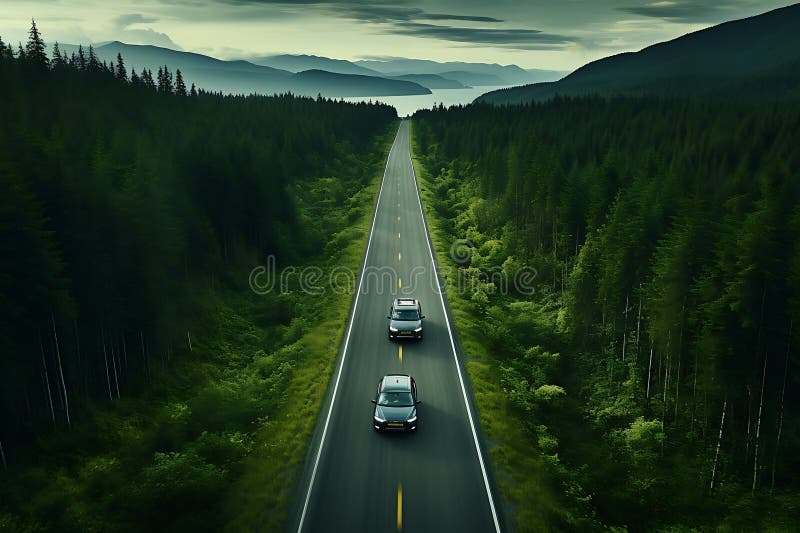 Ariel View Car Driving on the Road in the Forest. 3d Rendering Stock ...