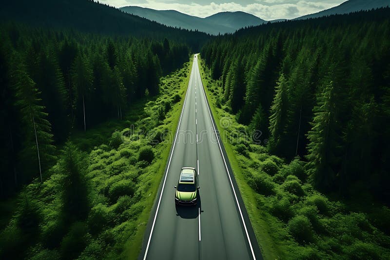 Ariel View Car Driving on the Road in the Forest. 3d Rendering Stock ...