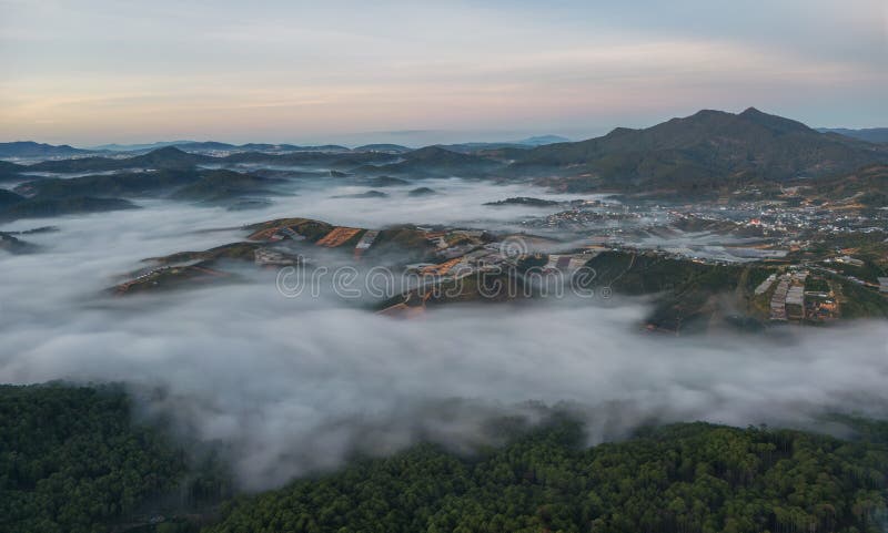 Ariel View of Mountain Village in Mist Stock Photo - Image of dalat ...