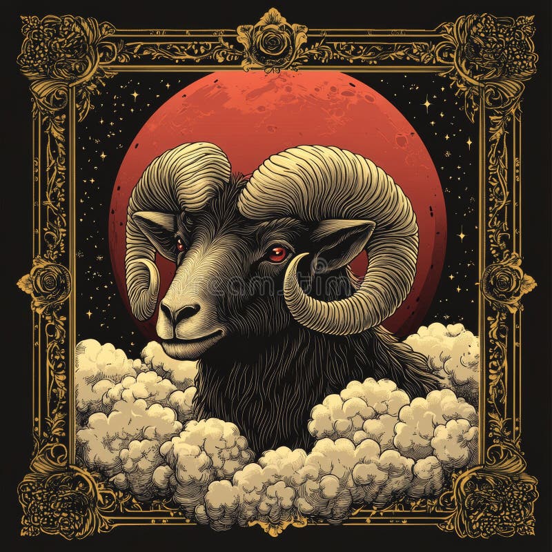 Aries Astrology Design with a Mystical Ram, Red Moon, and Stars Stock ...