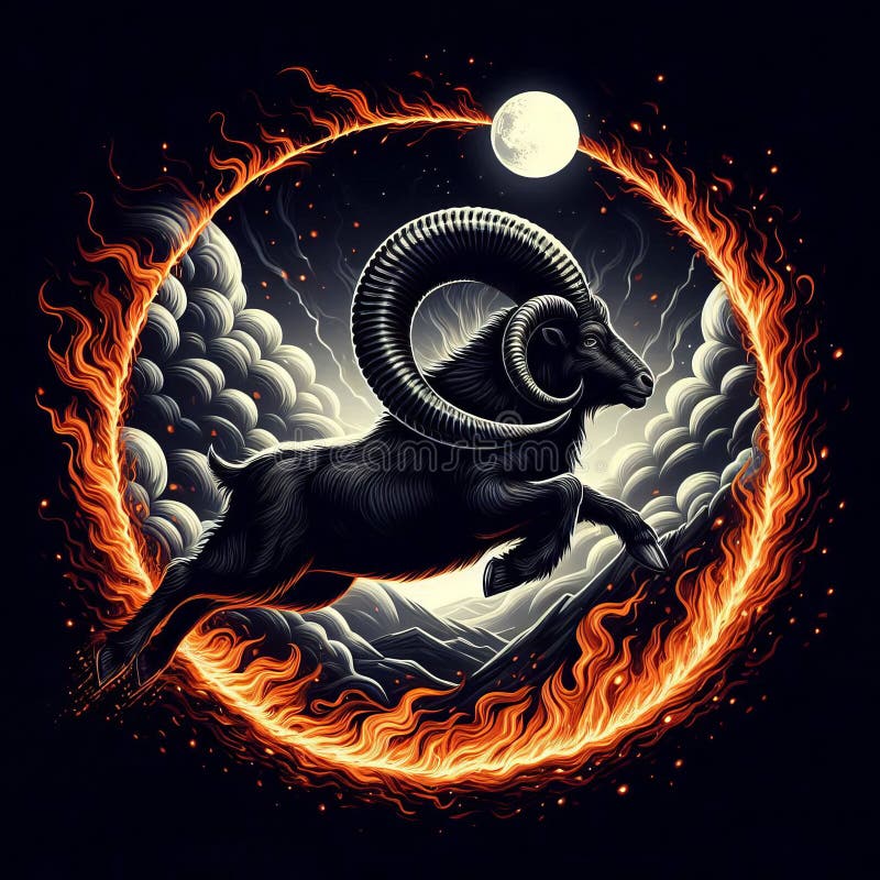 Aries Ram Flying through a Ring of Fire with Flames Licking at I Stock ...