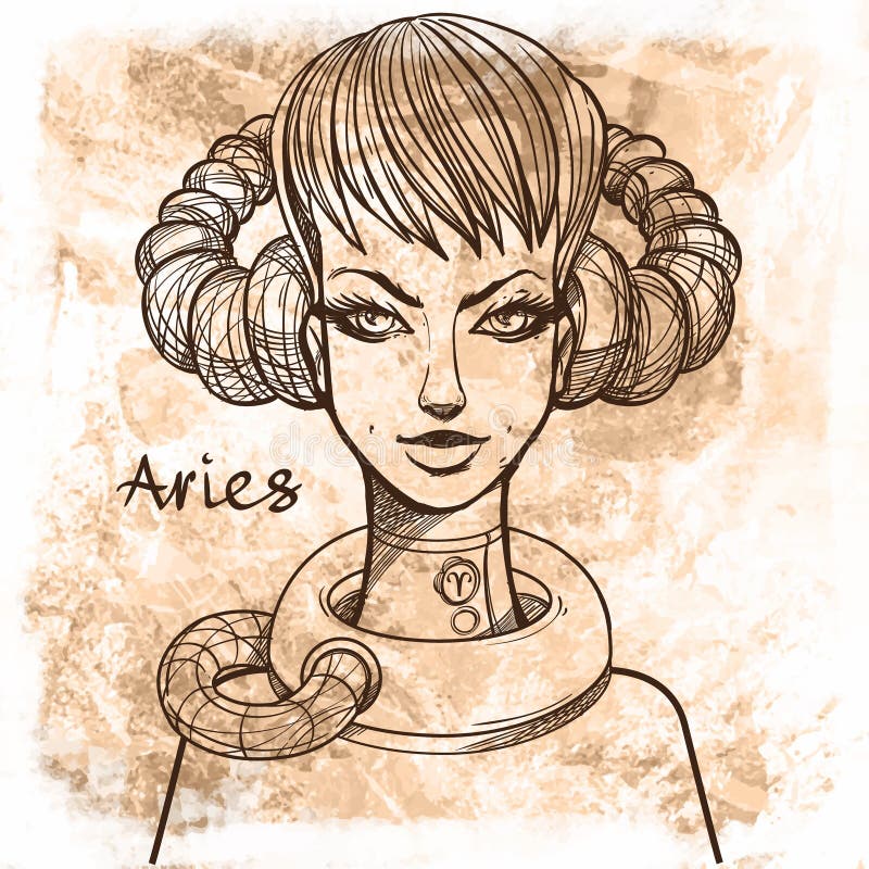 Aries Astrological Sign Vector Illustration Portrait Girl Stock ...