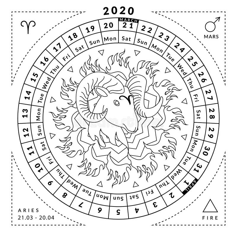 Aries Zodiacal Coloring Book with Caledar of Year 2020 Stock Vector ...