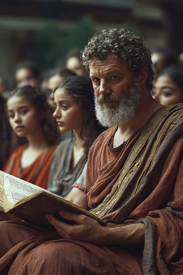 Aristotle Lectures Teenagers on Ancient Wisdom Using a Papyrus Scroll in a Classical Setting ...