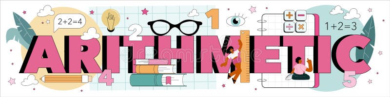 Mathematics Typographic Header. Students Studying Arithmetics, Algebra ...