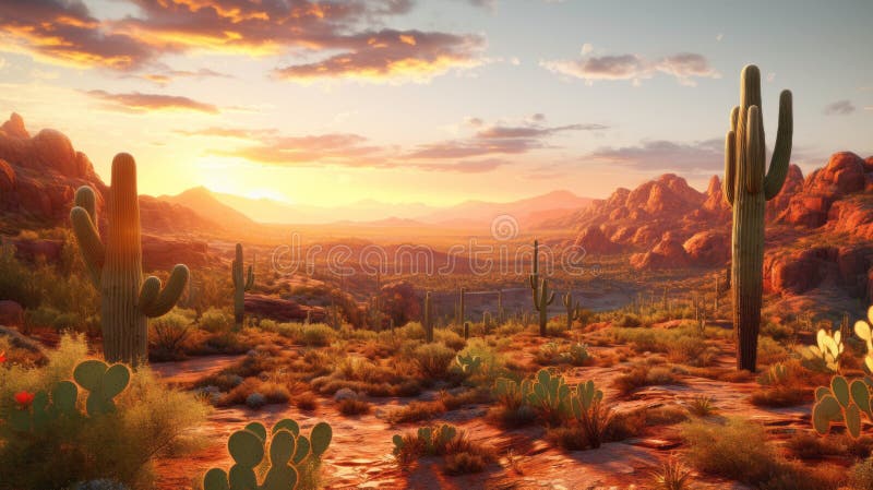 Arizona Desert Landscape with Saguaro Cactus at Sunset. Generative AI ...