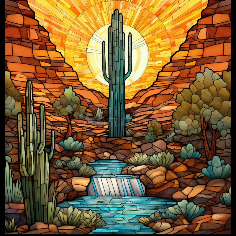 Arizona Desert Stained Glass Window with Waterfall and Cactus Stock ...