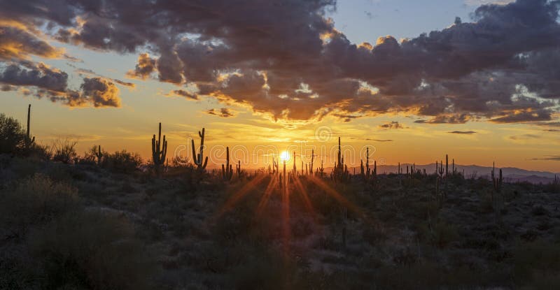 Arizona Panoramic Desert Sunset Landscape Sunrays Stock Photos - Free ...