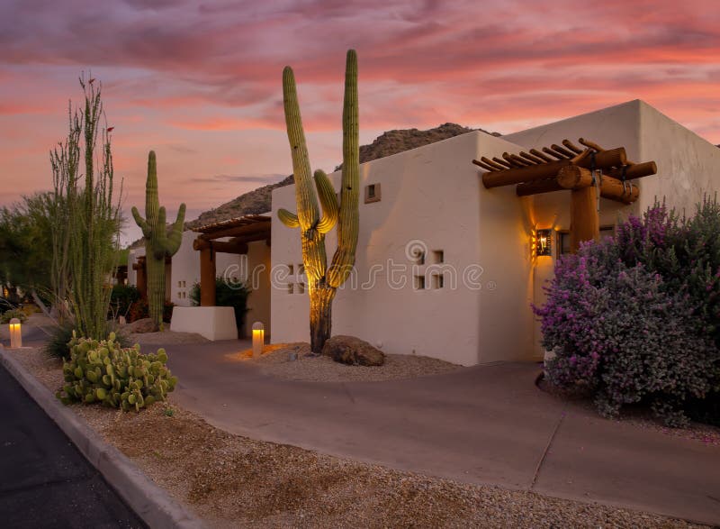 Arizona Resort with Cactus and Sunset Stock Image - Image of desert ...