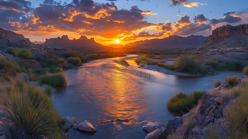 Arizona River Sunset Panorama, Dramatic Clouds, Desert Landscape ...