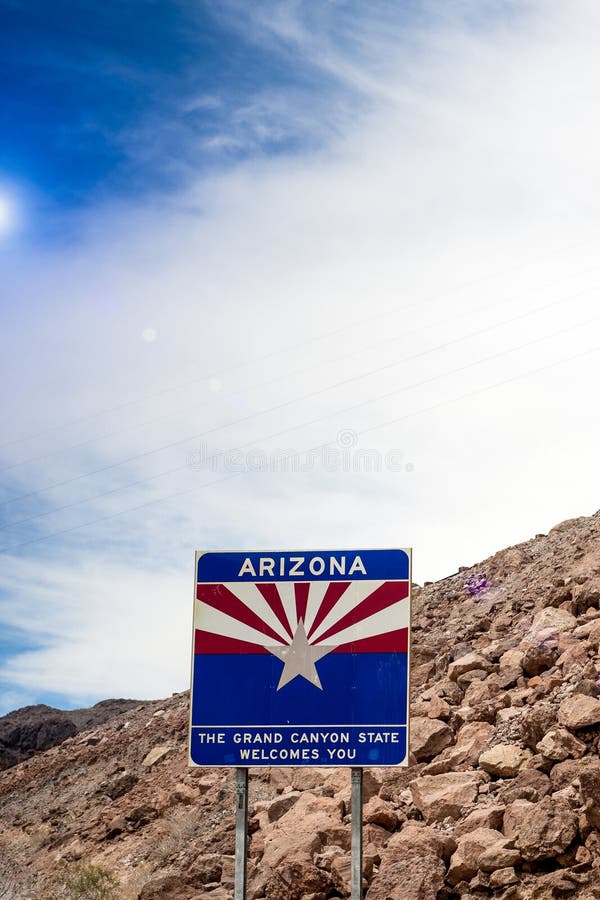 Arizona State Border Highway Sign Against Sky Blue Background. L Stock ...