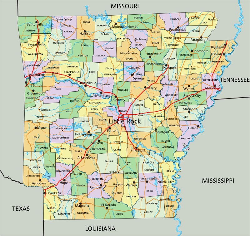 Arkansas - Detailed Editable Political Map with Labeling. Stock ...
