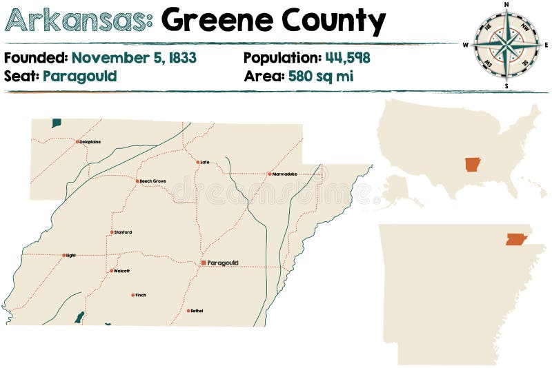 Arkansas, Greene County Map Stock Vector - Illustration of cartography ...