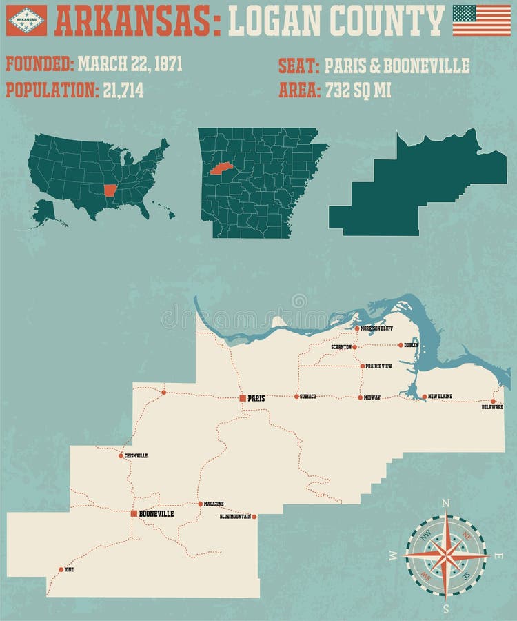 Map of Logan County in Arkansas Stock Vector - Illustration of lakes ...