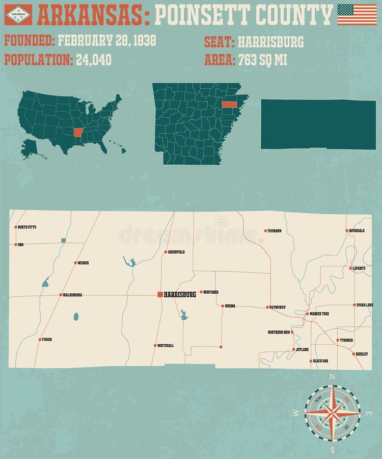 Map of Poinsett County in Arkansas Stock Vector - Illustration of ...