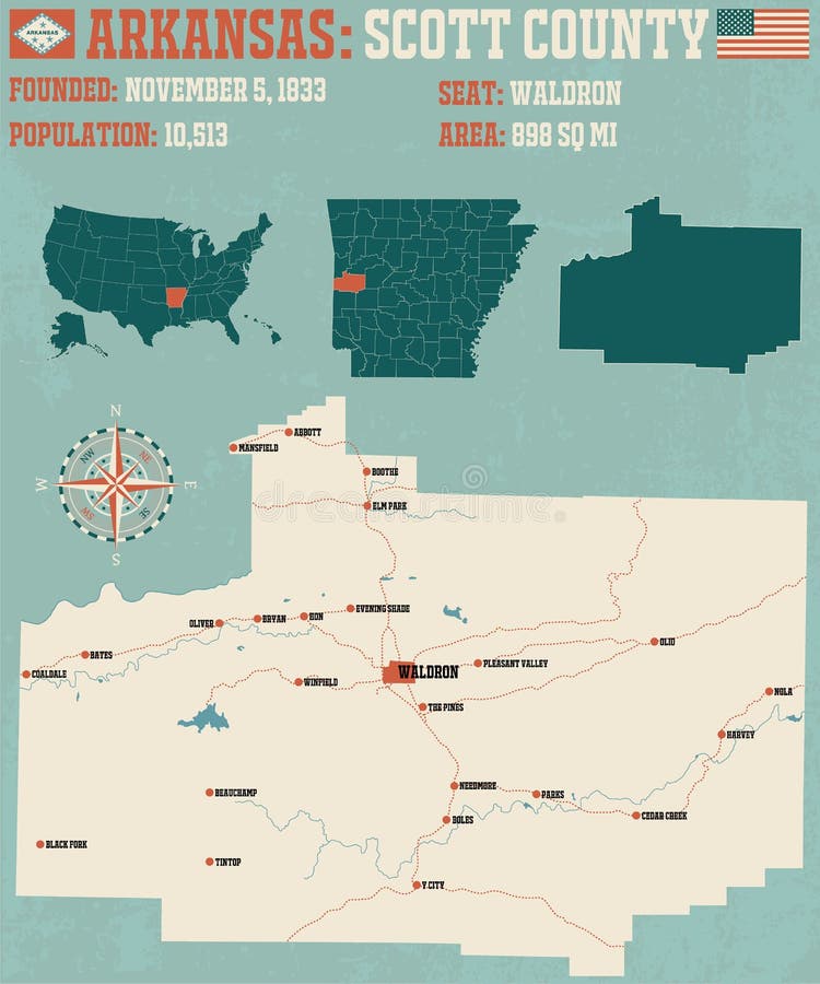 Arkansas: Scott county map stock vector. Illustration of detailed ...