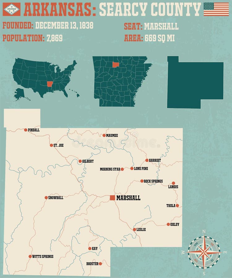 Arkansas: Searcy County Map Stock Vector - Illustration of compass ...
