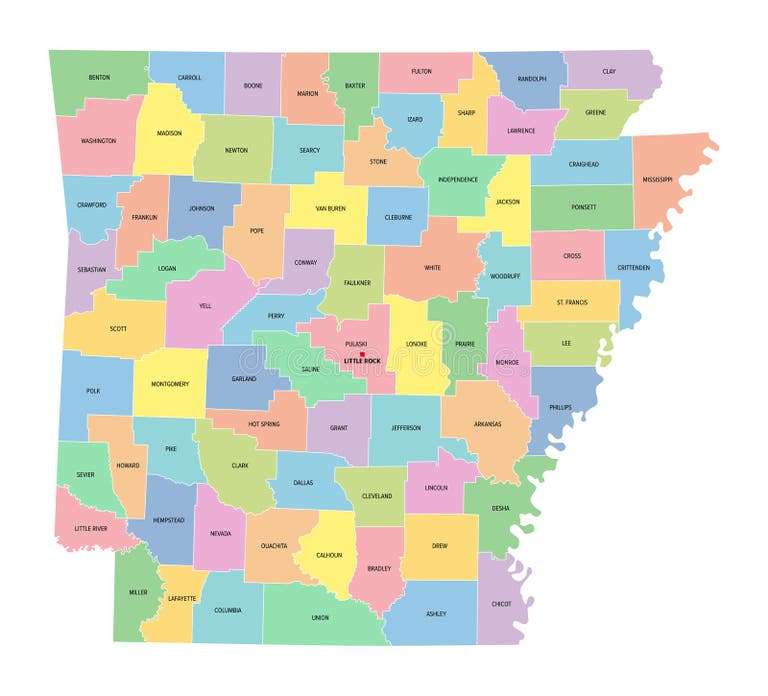 Arkansas, U.S. State, Subdivided into 75 Counties, Multi Colored Map ...
