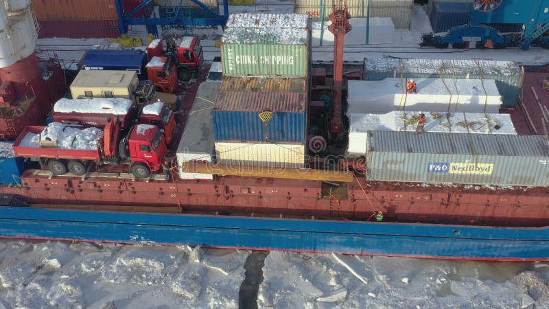 The Process of Loading a Truck Full of Goods Onto a Ship Stock Footage ...