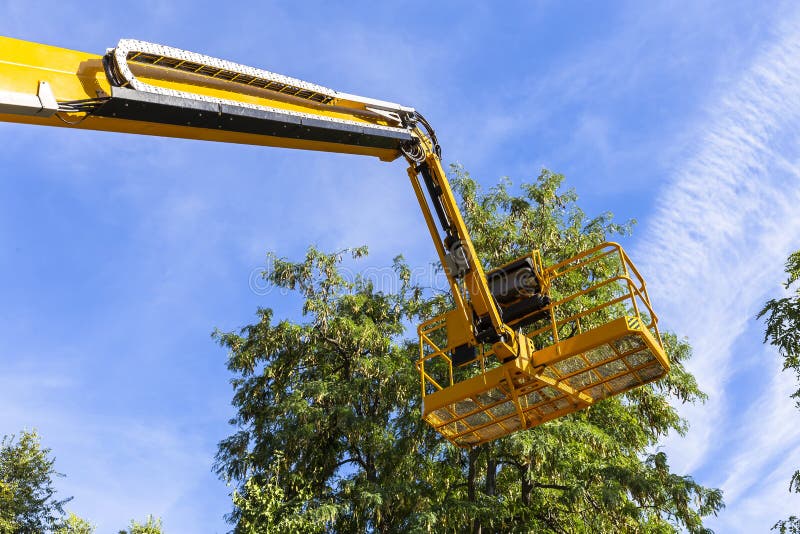 Arm of High Lift Platform on the Top of the Trees and Blue Sky. Tree ...