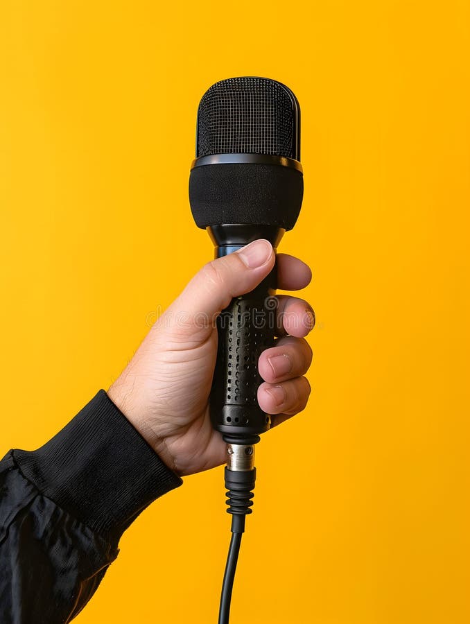 Arm Holding a Microphone for an Interview on Colored Background Stock ...