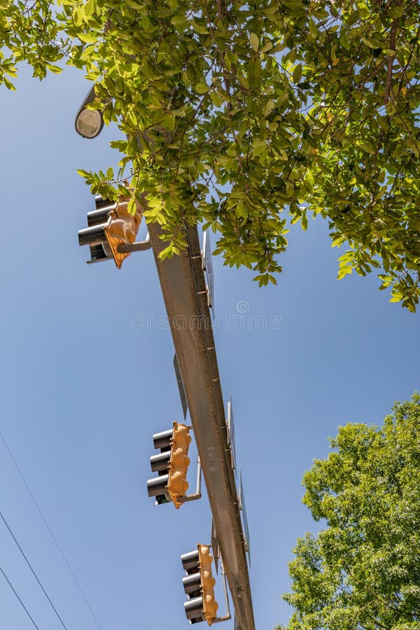 Arm of Light Mast with Numerous Stop Lights, Viewed from Beneath, Blue ...