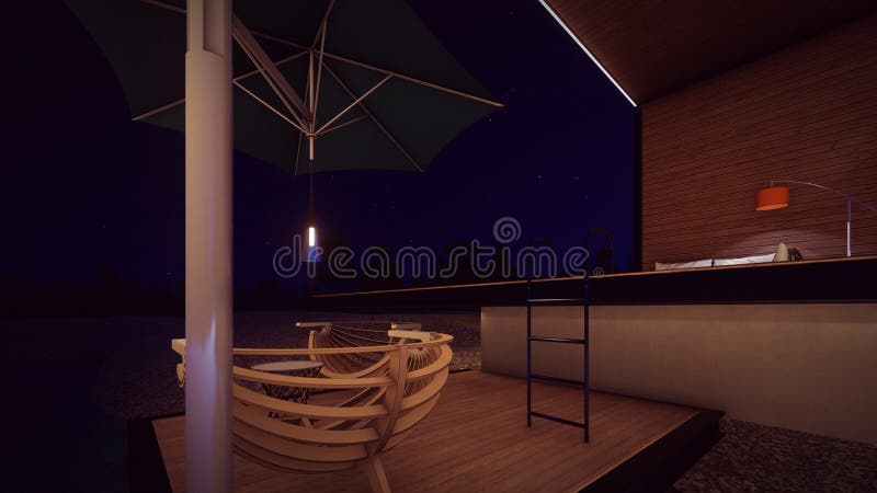 Armchair and Coffee Table on the Deck at the River Side in the Evening ...