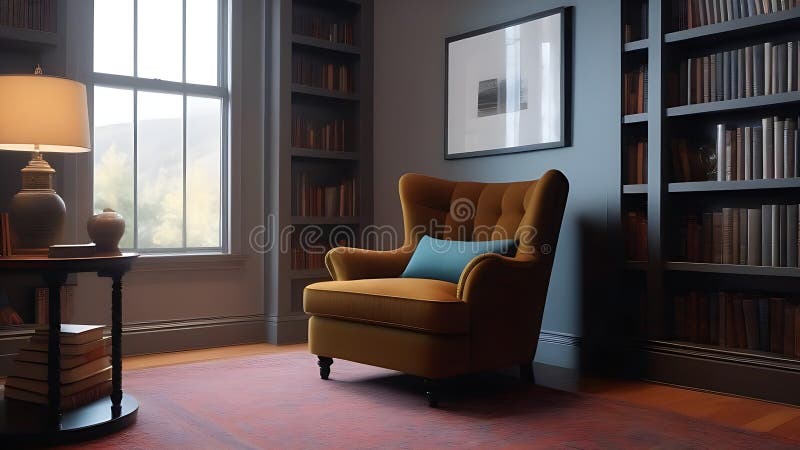 Armchair, Empty Chair in Home Library Interior Stock Image - Image of ...