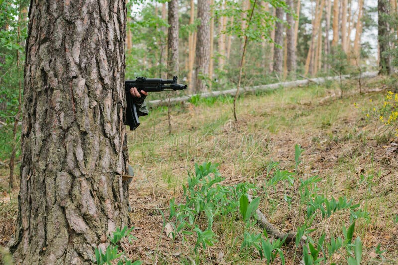 An Armed Man Hides Behind a Tree. Armed Man in a Zone of Armed Conflict ...