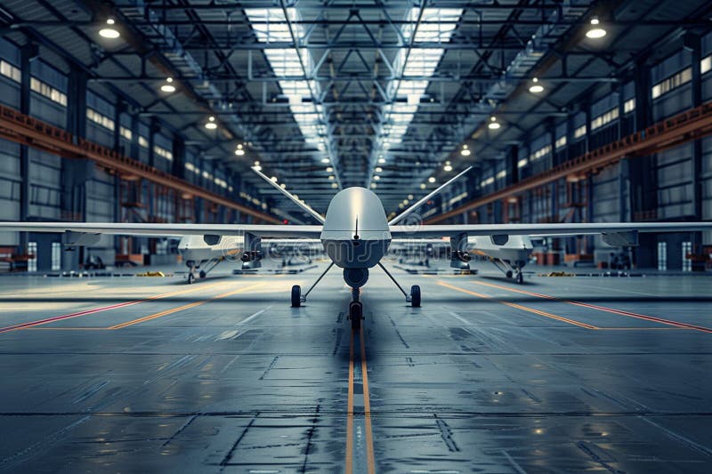 Armed Military Drones Lined Up in a High-tech Hangar with Dramatic Lighting and Reflections on ...