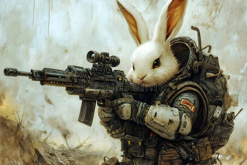 Armed Rabbit Warrior in Tactical Gear in Post-apocalyptic Setting Stock ...