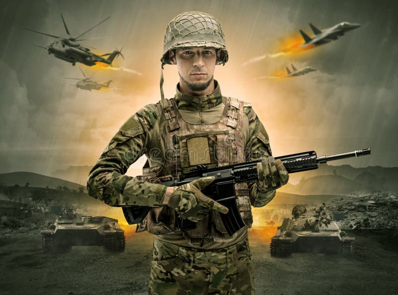Armed Soldier Standing in the Middle of a War Stock Image - Image of ...
