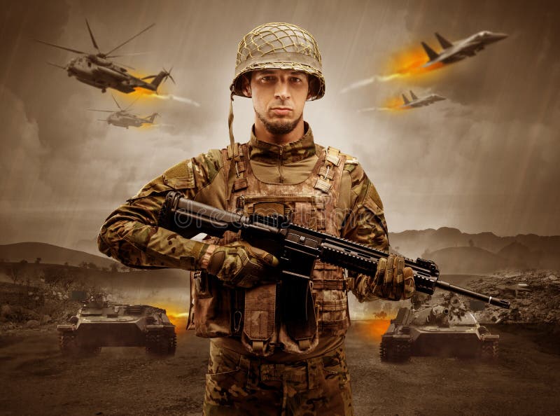 Armed Soldier Standing in the Middle of a War Stock Photo - Image of ...