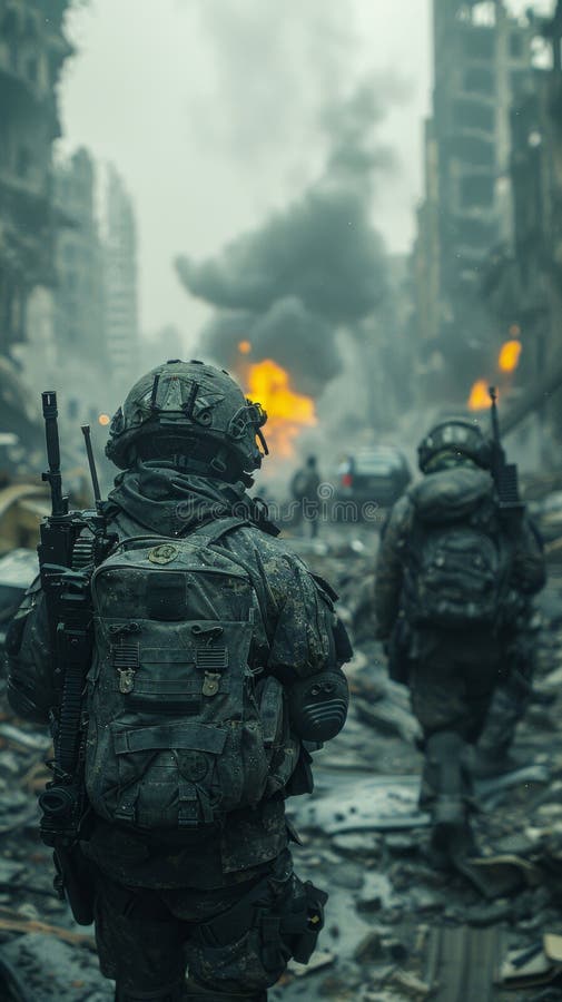 Armed Soldiers on the Battlefield. Everything Explodes and Drones Fly ...