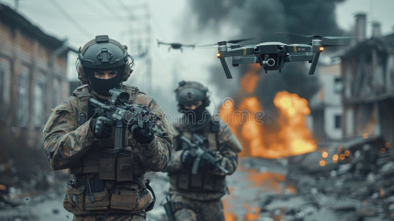 Armed Soldiers on the Battlefield. Everything Explodes and Drones Fly ...