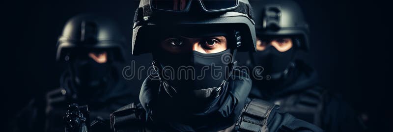 Armed Tactical Team in Black Gear Preparing for a Nighttime Operation ...