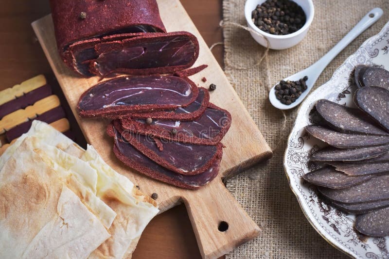 Armenian Basturma - Jerky Beef Meat with Spices on a Plate Stock Image ...